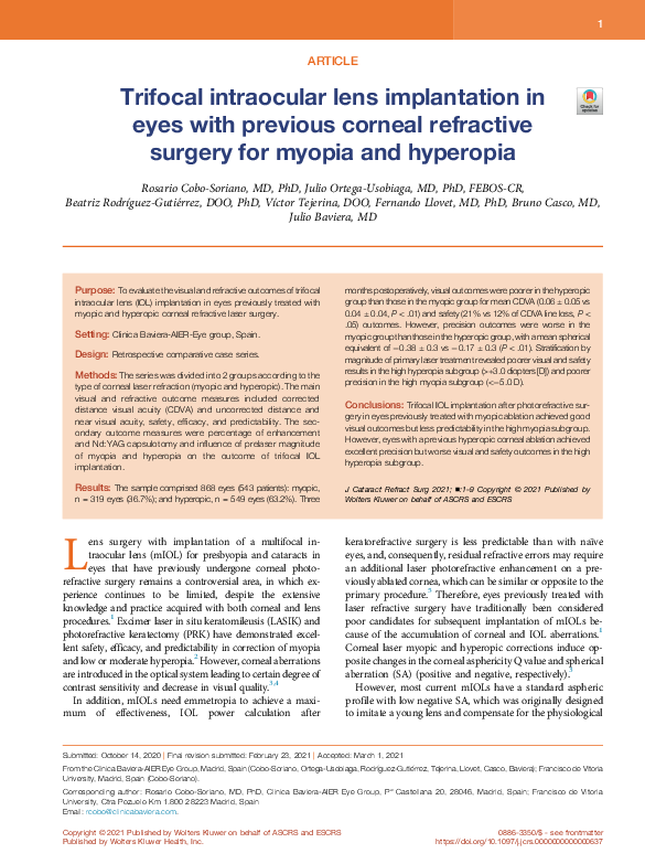 (PDF) Trifocal intraocular lens implantation in eyes with previous corneal refractive surgery ...