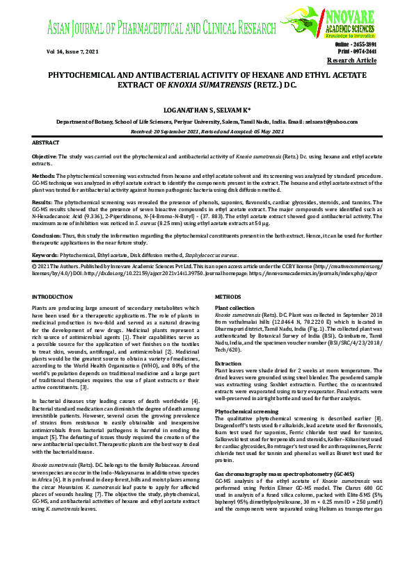 (PDF) PHYTOCHEMICAL AND ANTIBACTERIAL ACTIVITY OF HEXANE AND ETHYL ACETATE EXTRACT OF KNOXIA ...