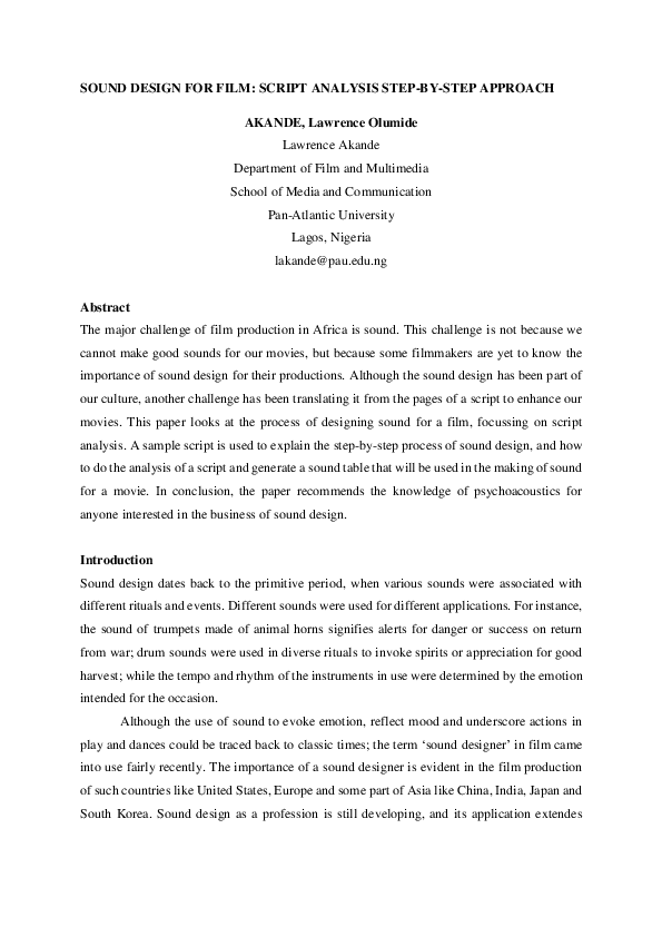(PDF) SOUND DESIGN FOR FILM: SCRIPT ANALYSIS STEP-BY-STEP APPROACH