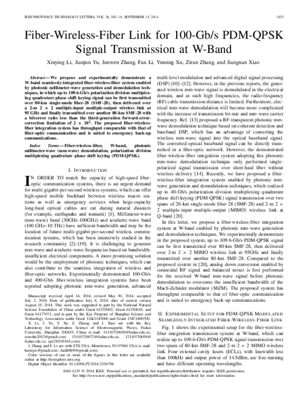 (PDF) Fiber-Wireless-Fiber Link for 100-Gb/s PDM-QPSK Signal ...