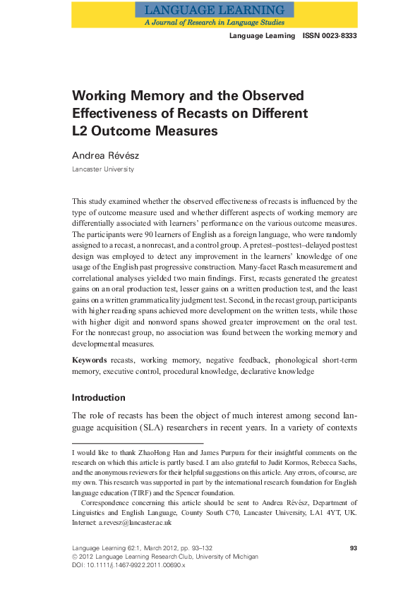 (PDF) Working Memory and the Observed Effectiveness of Recasts on Different L2 Outcome Measures