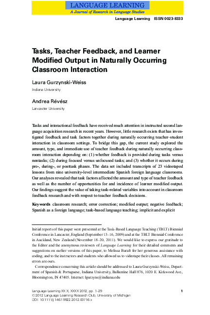 (PDF) Tasks, Teacher Feedback, and Learner Modified Output in Naturally ...