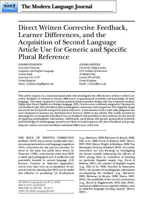 (PDF) Direct Written Corrective Feedback, Learner Differences, and the ...