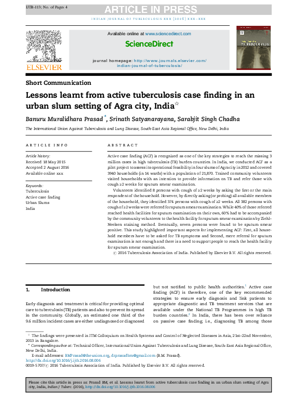 (PDF) Lessons learnt from active tuberculosis case finding in an urban ...