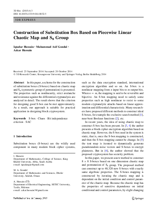 Pdf Construction Of Substitution Box Based On Piecewise Linear Chaotic Map And S8 Group 