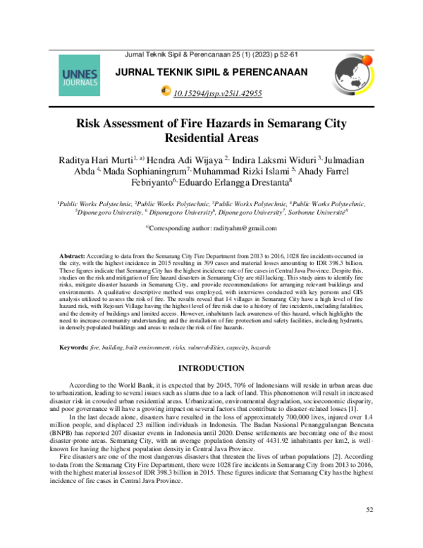 (PDF) Risk Assessment of Fire Hazards in Semarang City Residential Areas