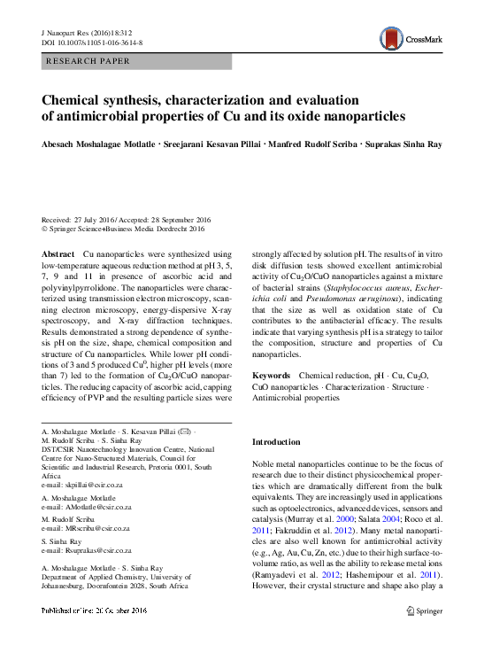 (PDF) Chemical synthesis, characterization and evaluation of antimicrobial properties of Cu and ...
