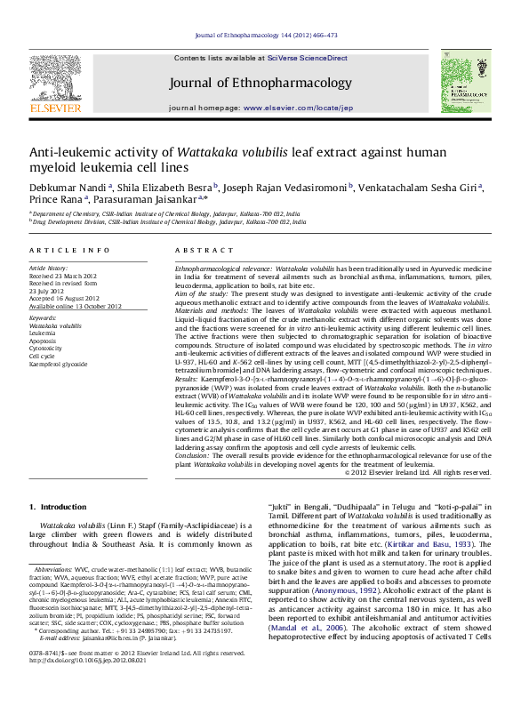 (PDF) Anti-leukemic activity of Wattakaka volubilis leaf extract ...
