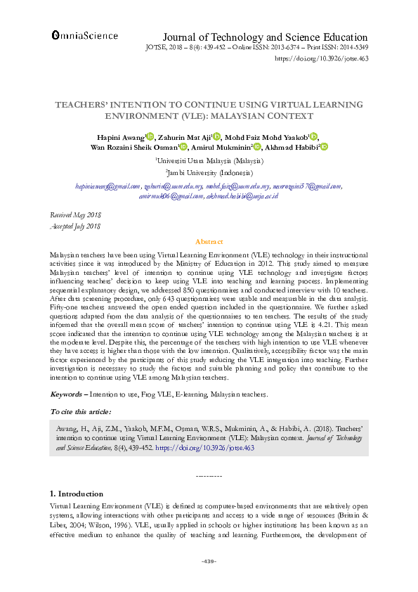(PDF) Teachers’ intention to continue using virtual learning environment (VLE): Malaysian context