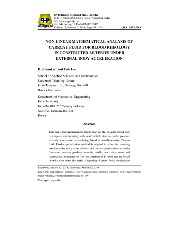 (PDF) Non-Linear Mathematical Analysis of Carreau Fluid for Blood ...