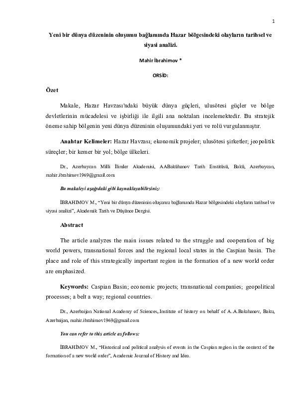 (DOC) Yeni bir dünya düzeninin oluşumu bağlamında Hazar bölgesindeki ...