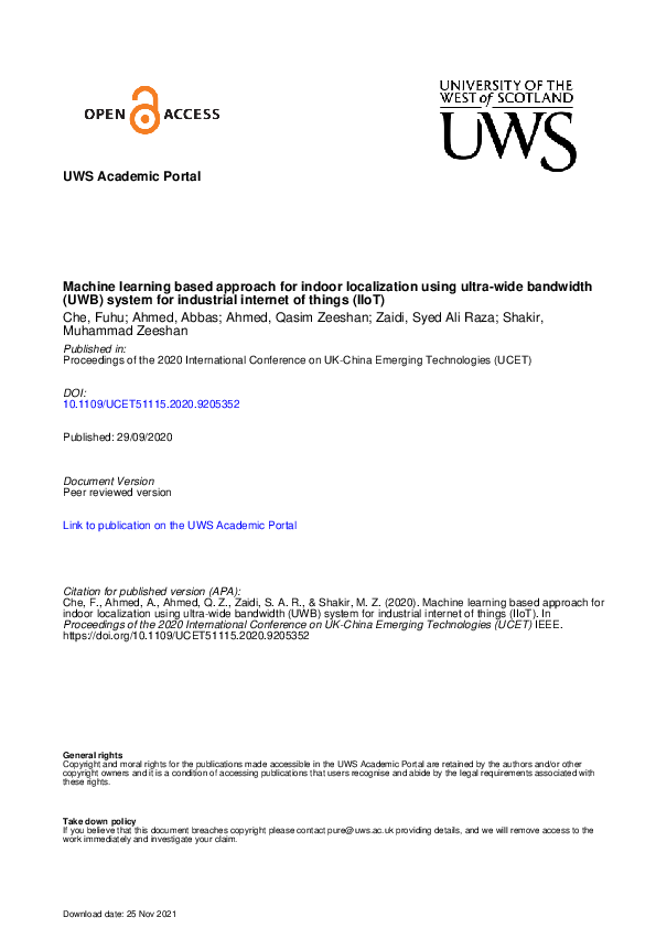 (PDF) Machine Learning Based Approach for Indoor Localization Using Ultra-Wide Bandwidth (UWB ...
