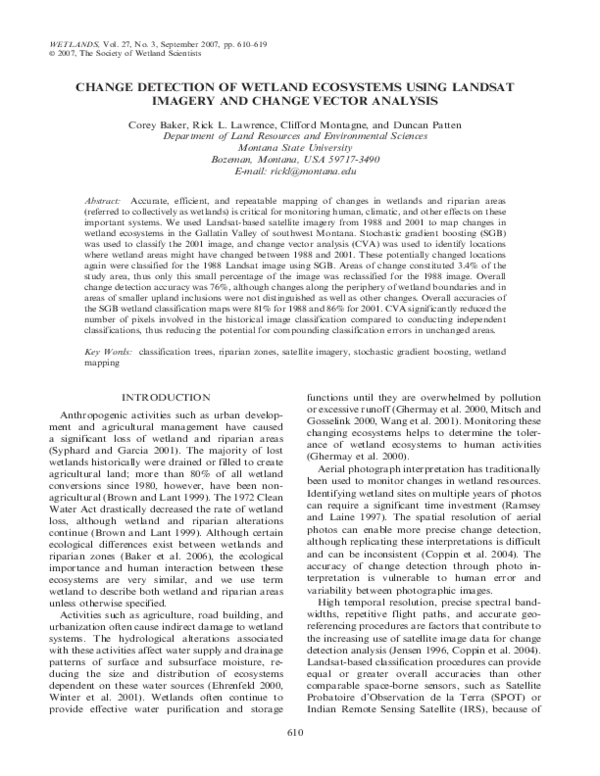 (PDF) Change detection of wetland ecosystems using Landsat imagery and change vector analysis