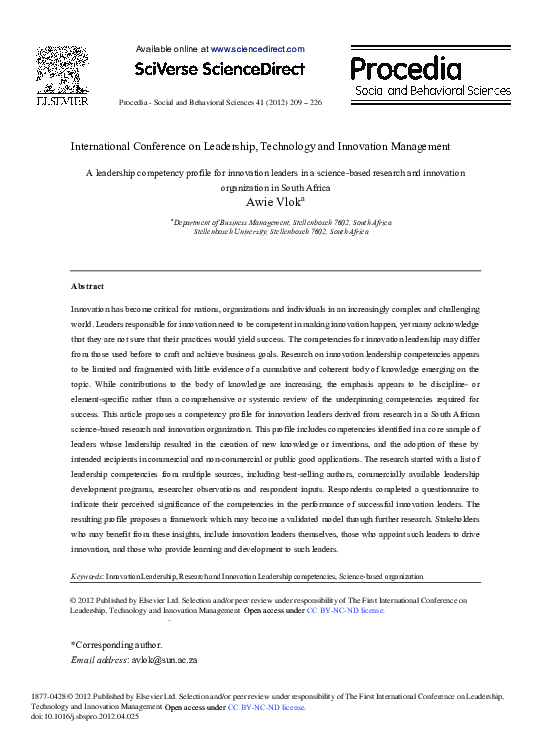 (PDF) A leadership competency profile for innovation leaders in a ...