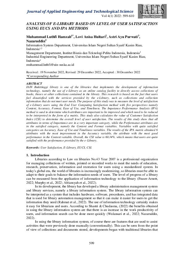 Pdf Analysis Of E Library Based On Level Of User Satisfaction Using Eucs And Ipa Methods