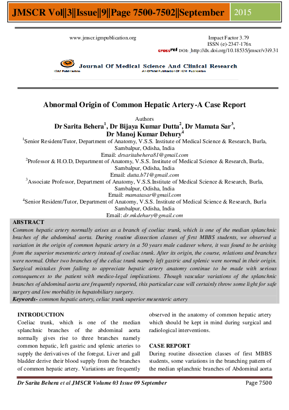 (PDF) Abnormal Origin of Common Hepatic Artery-A Case Report