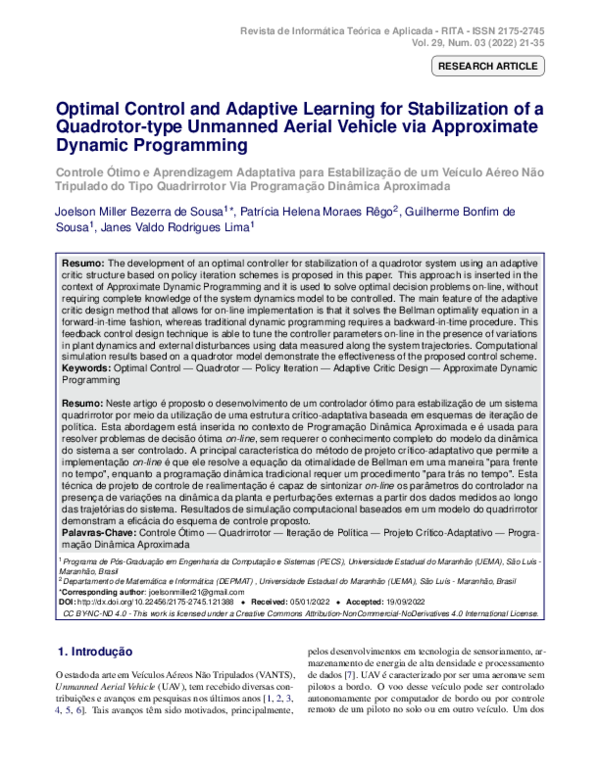 (PDF) Optimal Control and Adaptive Learning for Stabilization of a Quadrotor-type Unmanned ...