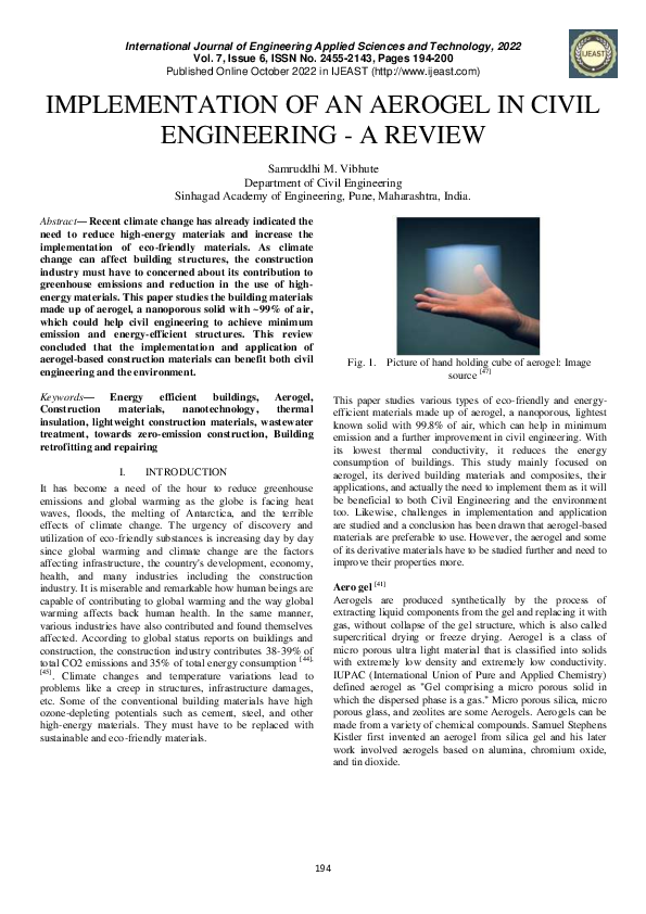 (PDF) Implementation of an Aerogel in Civil Engineering - a Review