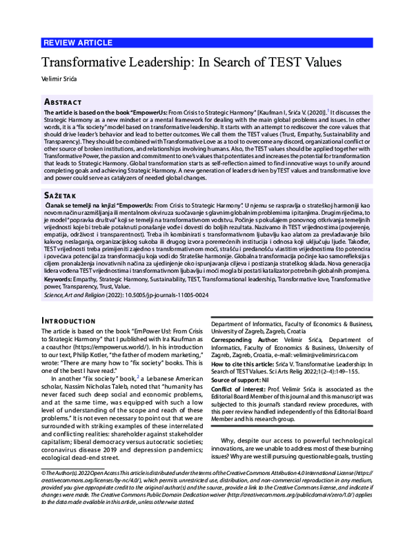 (PDF) Transformative Leadership: In Search of TEST Values