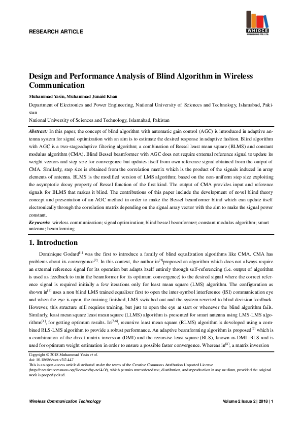 Pdf Design And Performance Analysis Of Blind Algorithm In Wireless