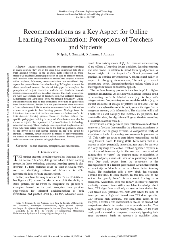 (PDF) Recommendations As A Key Aspect For Online Learning Personalization: Perceptions Of ...