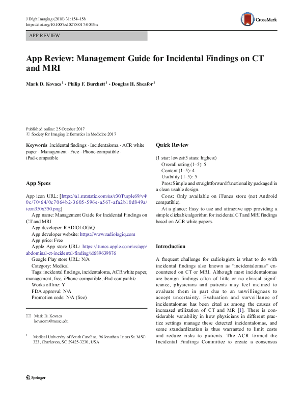 (PDF) App Review: Management Guide for Incidental Findings on CT and MRI