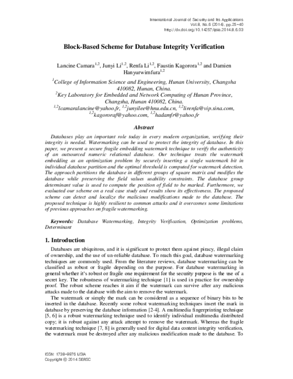 Pdf Block Based Scheme For Database Integrity Verification