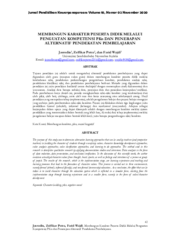 (PDF) MEMBANGUN KARAKTER PESERTA DIDIK MELALUI PENGUATAN KOMPETENSI PKn DAN PENERAPAN ALTERNATIF ...
