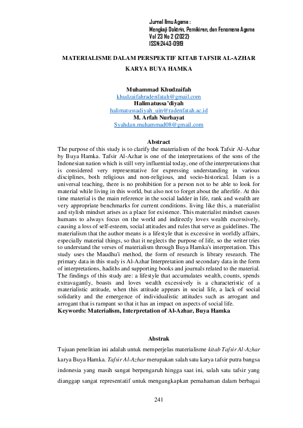 (PDF) Materialisme Dalam Perspektif Kitab Tafsir Al-Azhar Karya Buya Hamka