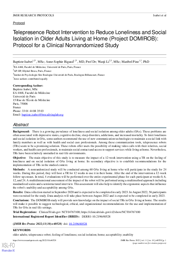 (PDF) Telepresence Robot Intervention to Reduce Loneliness and Social Isolation in Older Adults ...