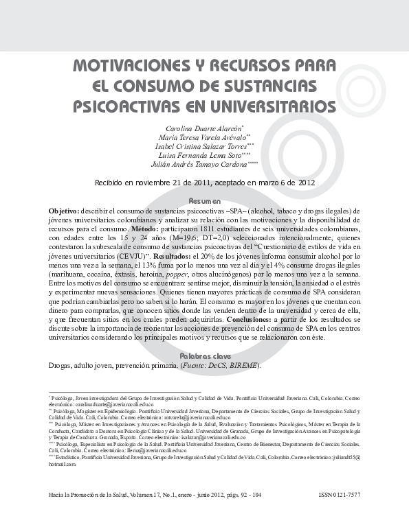 (PDF) Motivaciones y Recursos Para El Consumo De Sustancias Psicoactivas en Universitarios