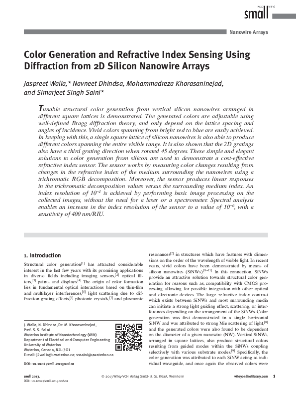 Pdf Color Generation And Refractive Index Sensing Using Diffraction From 2d Silicon Nanowire