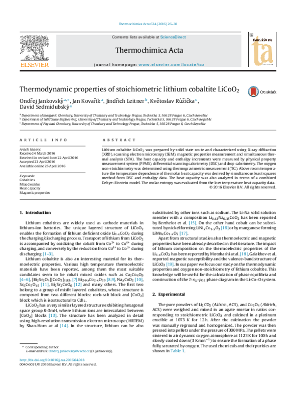 (PDF) Thermodynamic properties of stoichiometric lithium cobaltite LiCoO2