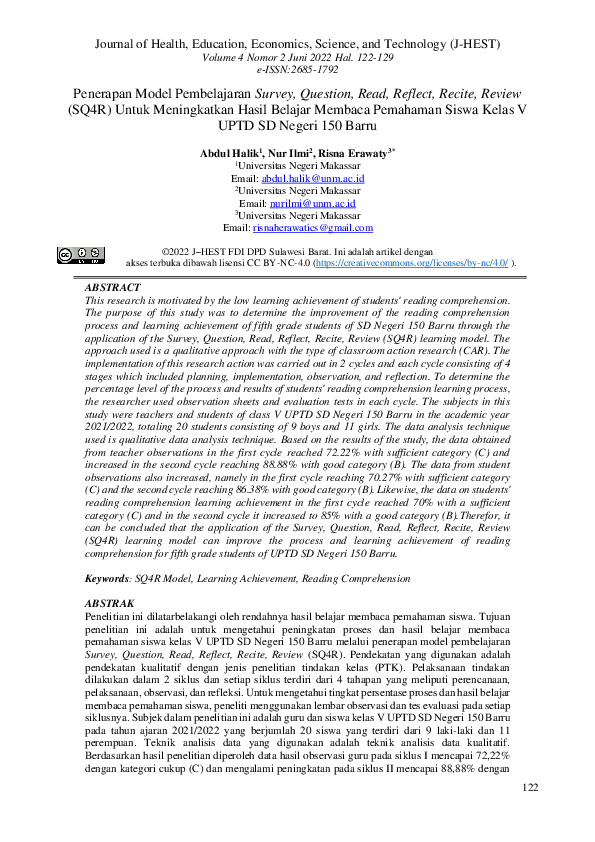 (PDF) Penerapan Model Pembelajaran Survey, Question, Read, Reflect ...