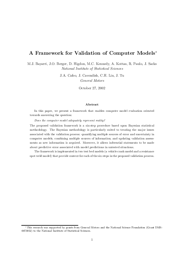 (PDF) A Framework for Validation of Computer Models