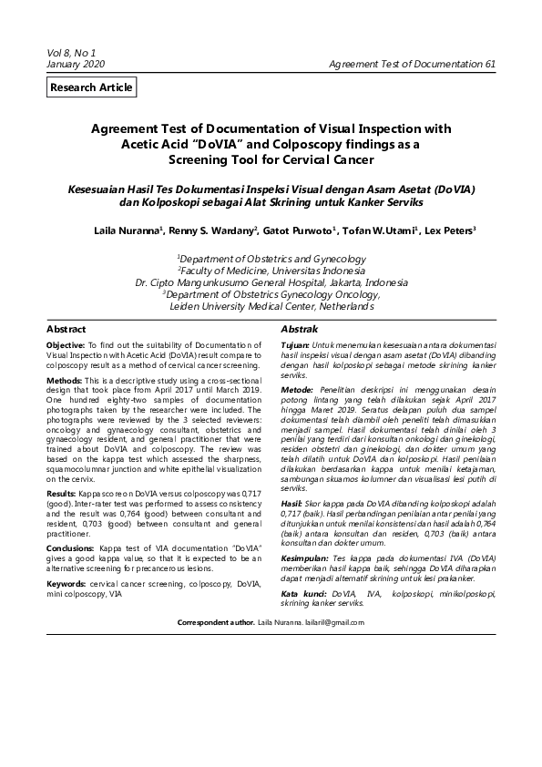 (PDF) Agreement Test of Documentation of Visual Inspection with Acetic ...