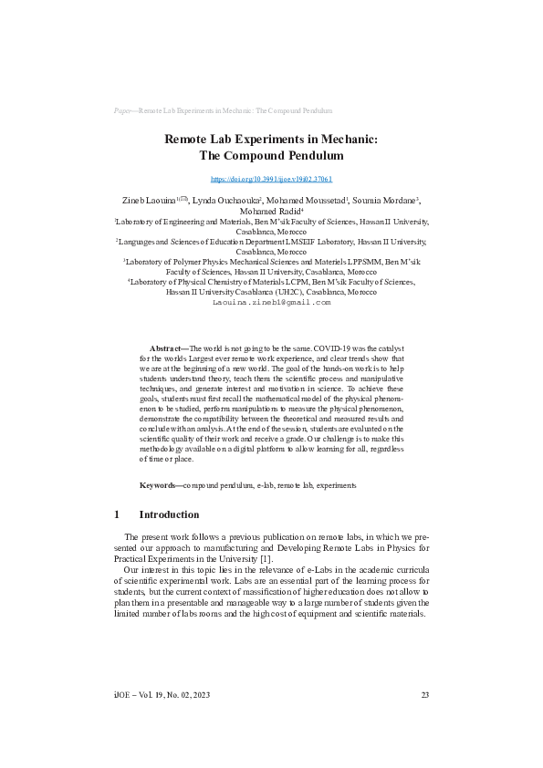 (PDF) Remote Lab Experiments in Mechanic: The Compound Pendulum