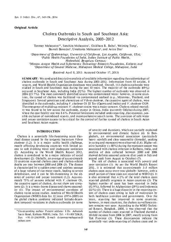 (PDF) Cholera outbreaks in south and Southeast Asia: Descriptive analysis, 2003-2012