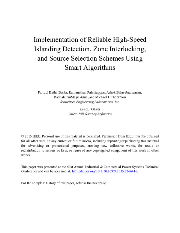 (PDF) Implementation of reliable high-speed islanding detection, zone interlocking, and source ...