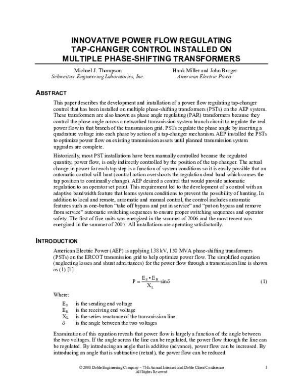 (PDF) Innovative power flow regulating tap-changer control installed on ...