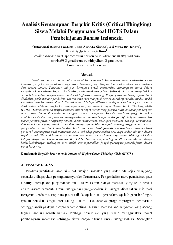 (PDF) Analisis Kemampuan Berpikir Kritis (Critical Thingking) Siswa Melalui Penggunaan Soal HOTS ...