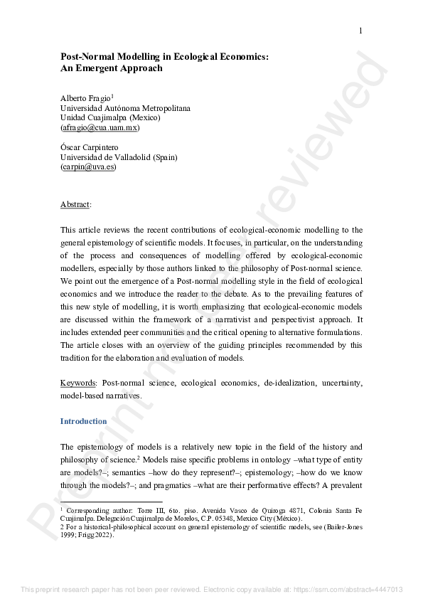 (PDF) Post-Normal Modelling in Ecological Economics: An Emergent Approach