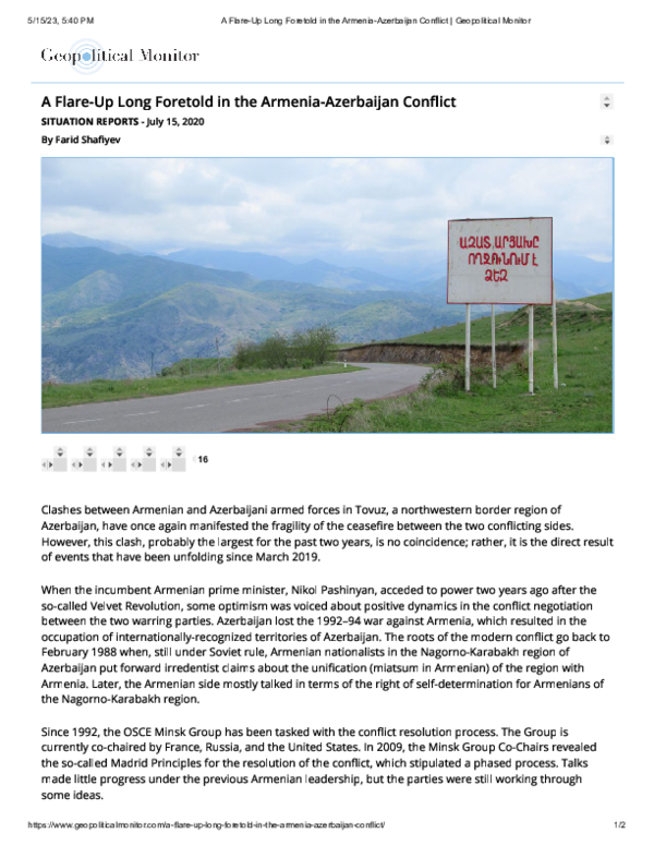 (PDF) A Flare-Up Long Foretold in the Armenia-Azerbaijan Conflict ...
