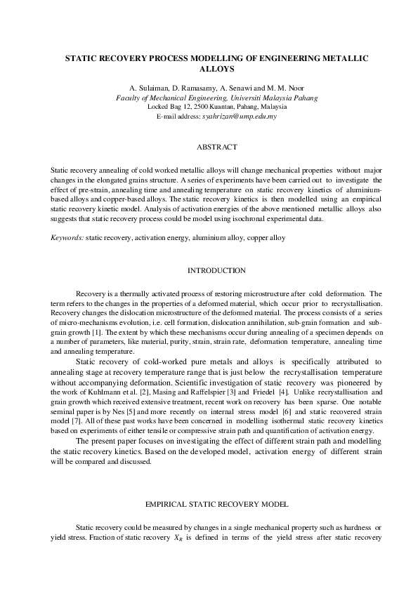 (PDF) Static Recovery Process Modelling Of Engineering Metallic Alloys