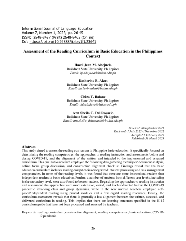 (PDF) Assessment of the Reading Curriculum in Basic Education in the ...