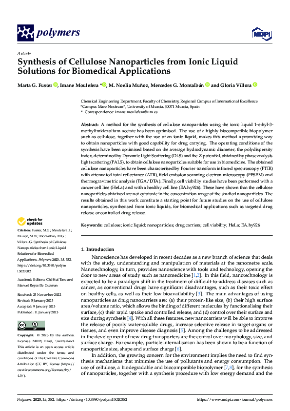 (PDF) Synthesis of Cellulose Nanoparticles from Ionic Liquid Solutions for Biomedical Applications