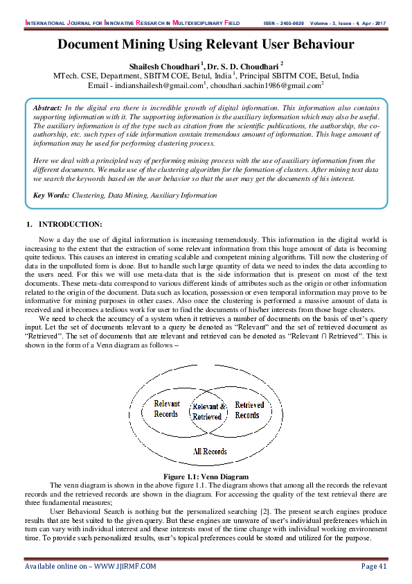 (PDF) INTERNATIONAL JOURNAL FOR INNOVATIVE RESEARCH IN MULTIDISCIPLINARY FIELD Document Mining ...