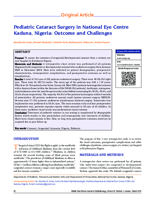 (PDF) Pediatric cataract surgery in national eye centre Kaduna, Nigeria ...