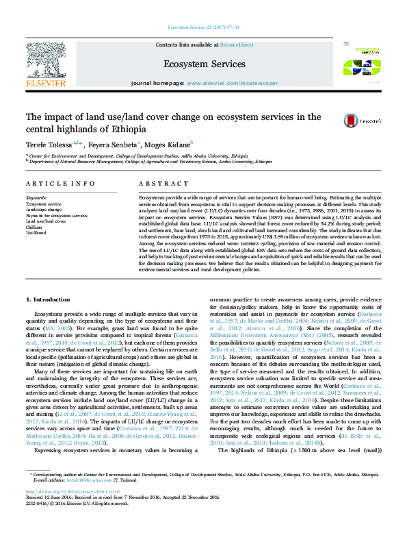 (PDF) The impact of land use/land cover change on ecosystem services in the central highlands of ...