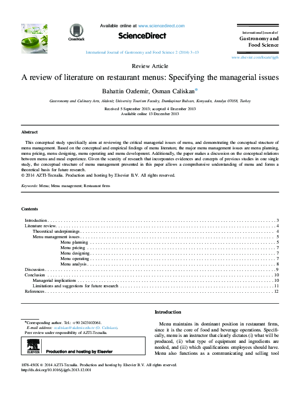 (PDF) A review of literature on restaurant menus: Specifying the ...
